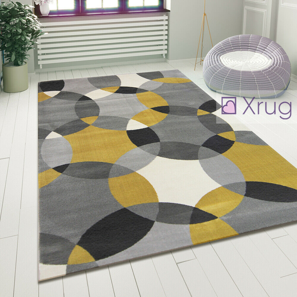 Grey Ochre Rug Modern Geometric Pattern Floor Mat Small Large Bedroom ...