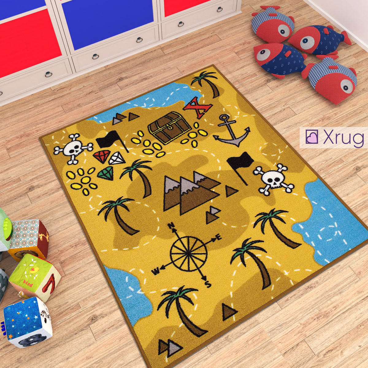 Kids Rug Boys NON SLIP MACHINE WASHABLE Pirate Tresure Nursery Mat for ...